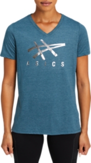 WOMEN'S ASICS STRIPE VNECK | Magnetic Blue Heather | T-Shirts & Tops ...