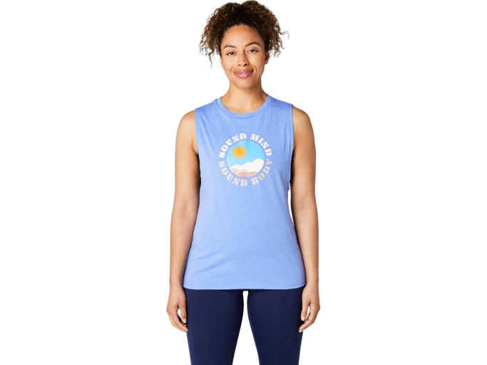 WOMEN'S ASICS SUN IN THE SKY SLOGAN MUSCLE TEE | Sapphire Heather ...